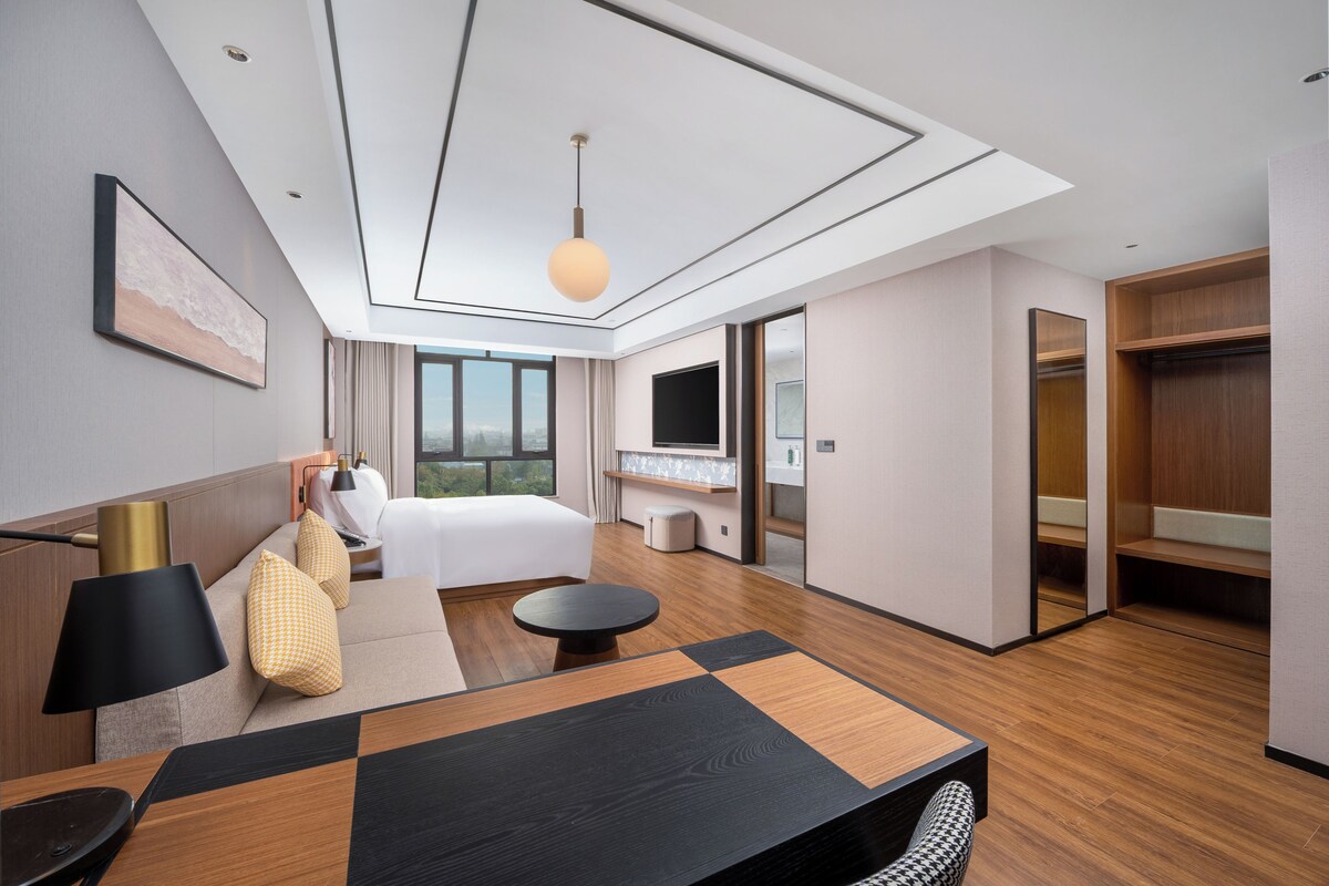Quarto de hotel moderno com uma cama grande, uma escrivaninha, uma mesa redonda, um sofá, uma televisão e um guarda-roupa.