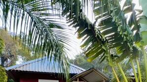 Uma casa vermelha com varanda coberta e um caminho de pedra que leva à entrada.