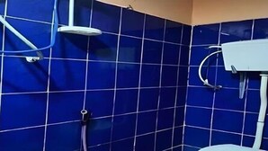 Casa de banho com paredes azulejadas em azul, sanita branca e cabine de duche.