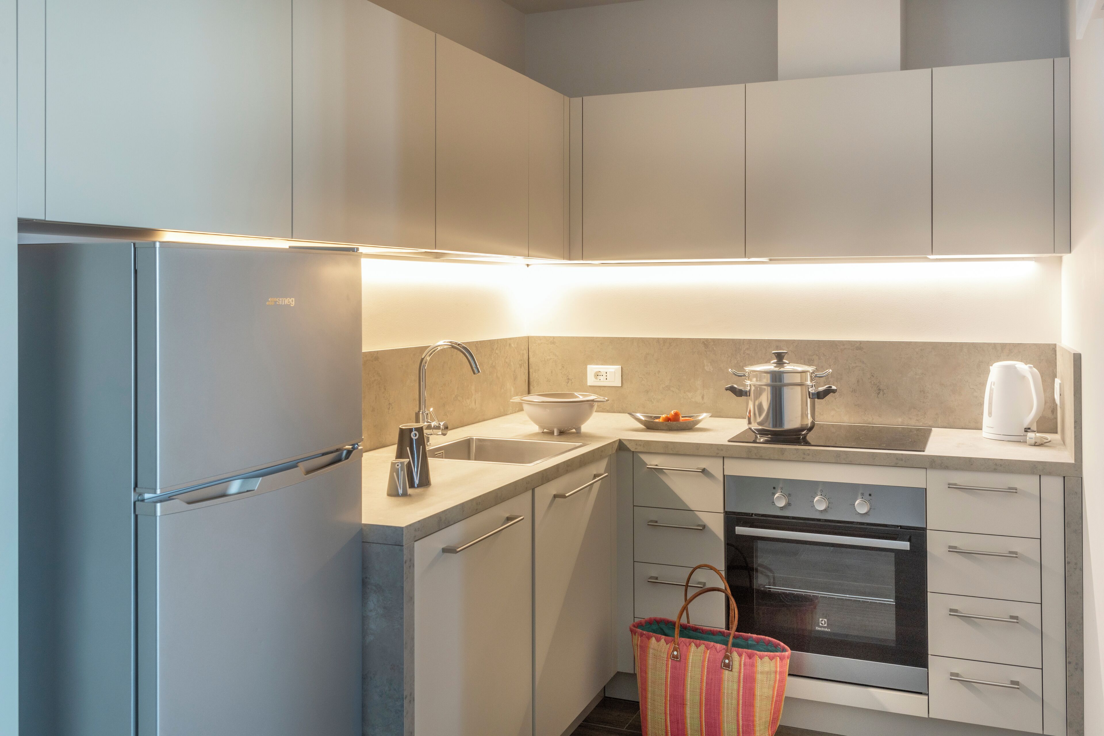 Apartamento, vista para o lago | Cozinha privada | Um frigorífico/congelador grande, um forno, uma placa de cozinha 