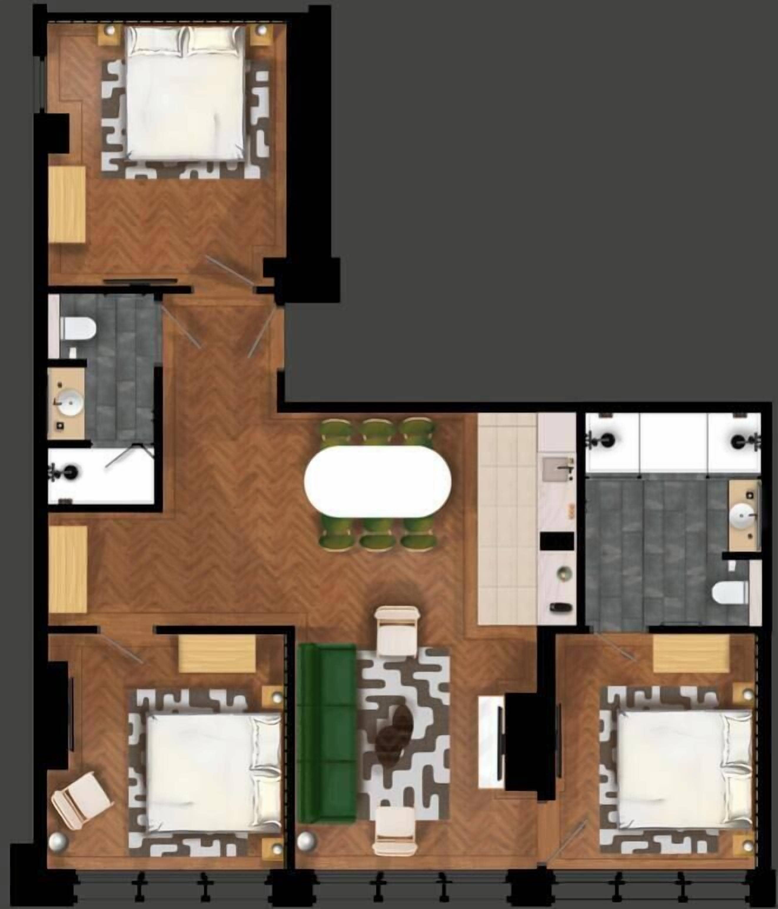 Planta de um hotel com dois quartos, um banheiro, uma cozinha e uma sala de jantar.