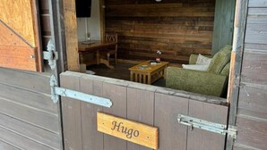 Quarto rústico com porta de madeira com o nome 'Hugo', parede de madeira, sofá verde, mesa de madeira pequena e luminária pendente.