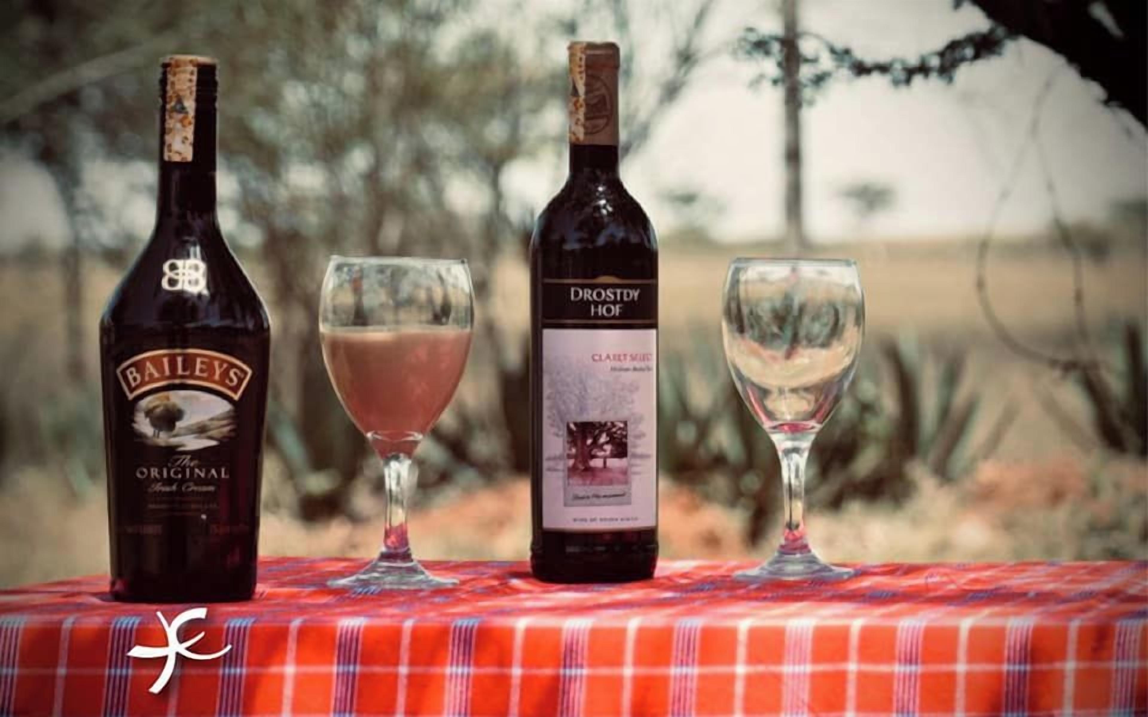 Duas garrafas de Baileys e Drostdy Hof sobre uma toalha xadrez vermelha, com dois copos de vinho.