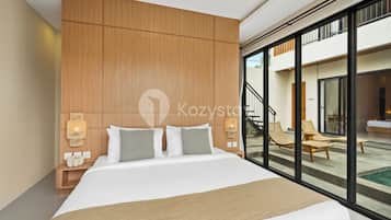 Villa, 3 quartos, vista para a piscina | Secretária, secretária adequada para computadores portáteis