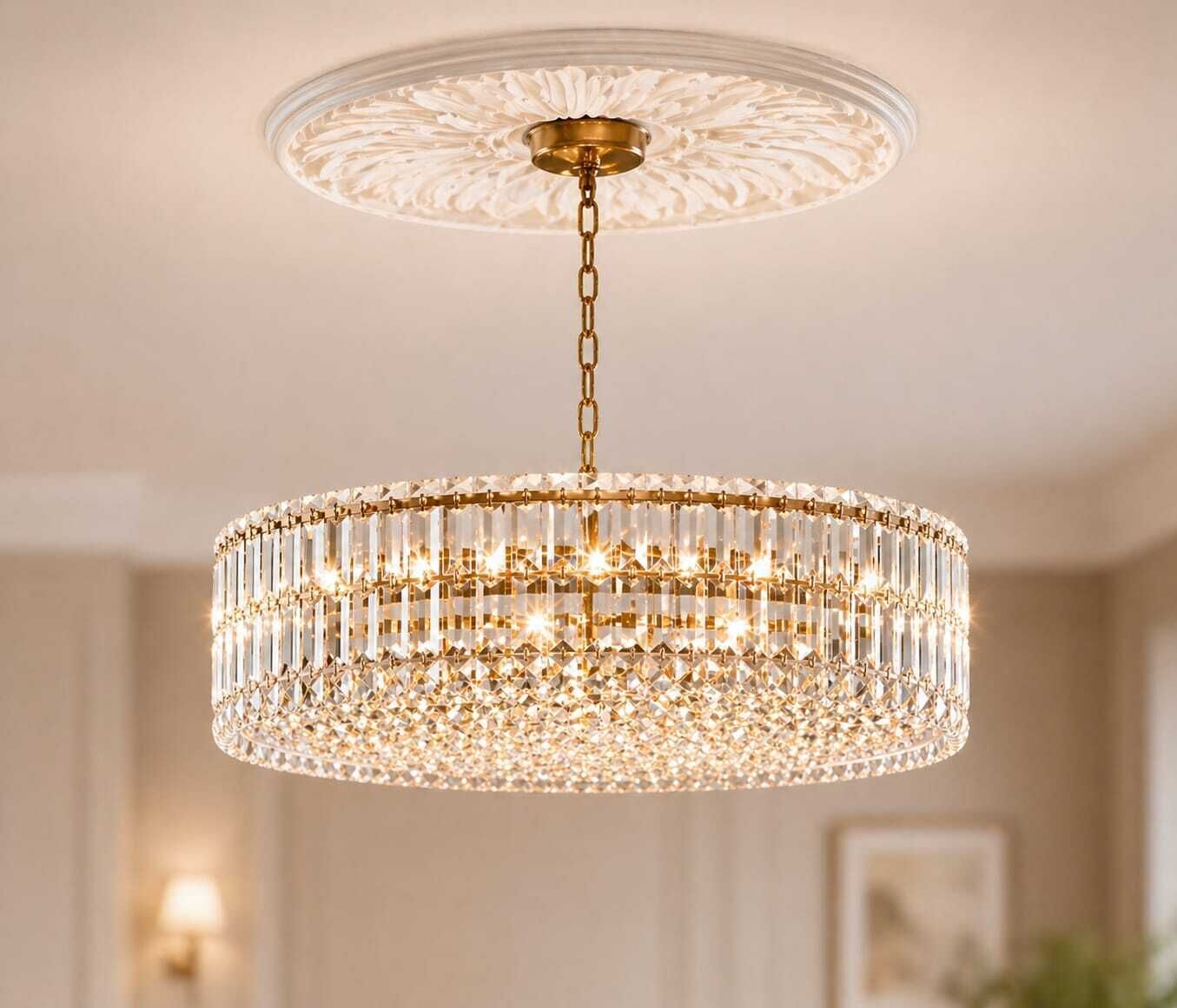 Um candelabro com design de cristal e corrente dourada.
