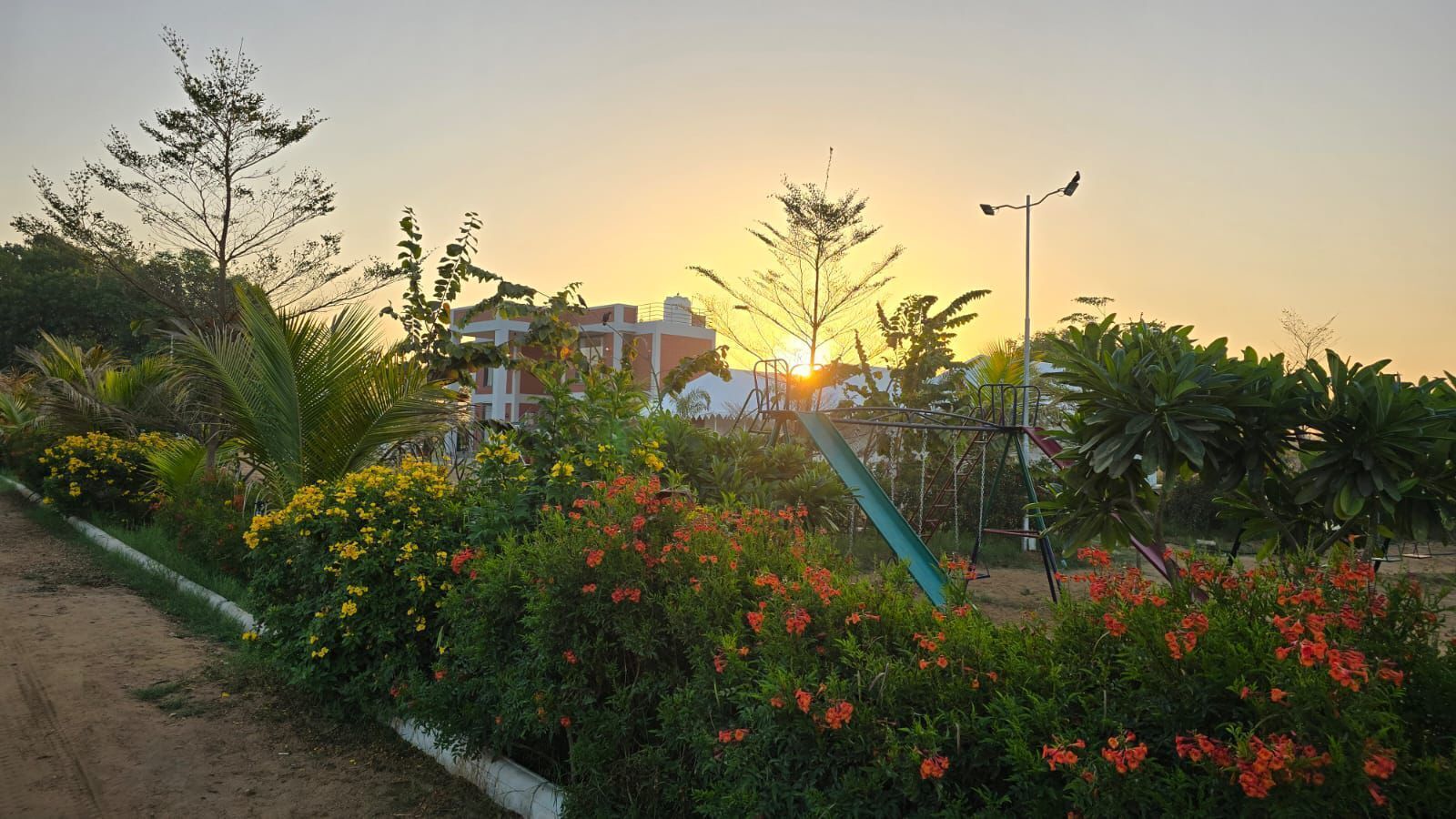 Um jardim com parquinho, um prédio ao fundo e um pôr do sol.