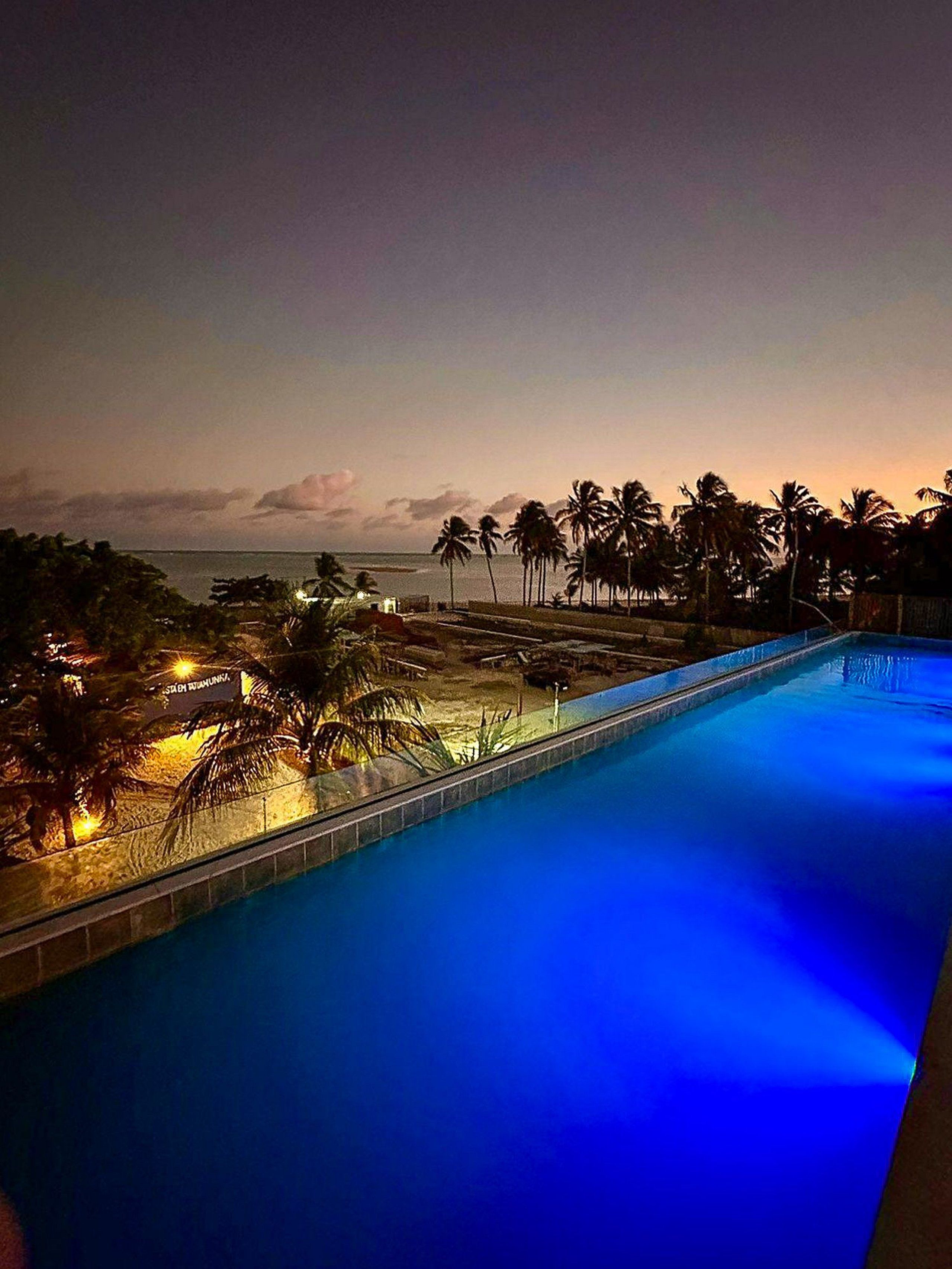 Piscina com vista para o oceano e palmeiras ao entardecer.