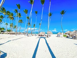 Uma praia com palmeiras, palafitas e céu azul límpido.