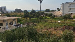 Área residencial com edifícios, uma palmeira e vista para o mar.