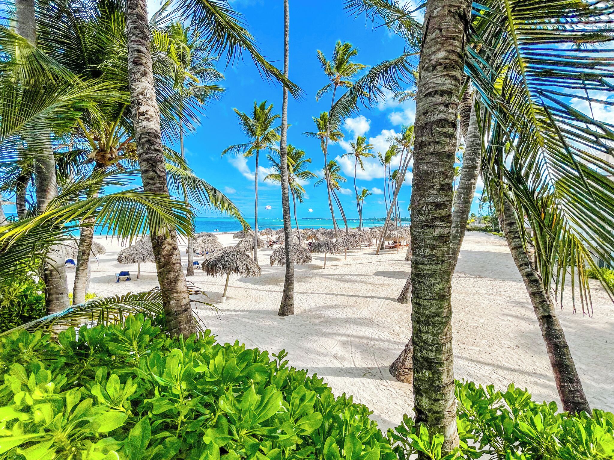 Na praia, areia branca, espreguiçadeiras, guarda-sóis 