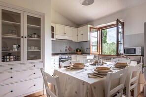 Villa, pátio, vista para o jardim | Cozinha privada | Um frigorífico, um micro-ondas, um forno, uma placa de cozinha 