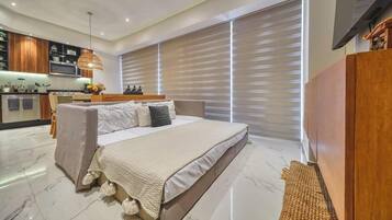 Apartamento em Condomínio Fechado, 1 cama king-size e sofá-cama, vista para o oceano (Dsire 402) | 1 quarto, com decoração personalizada, com mobília individualizada