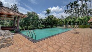 Piscina com deck ladrilhado, cadeiras de descanso e palmeiras ao fundo.