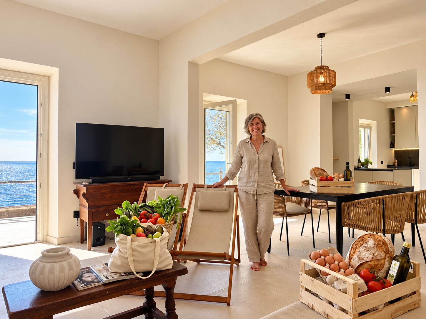 Uma sala ampla com televisão, mesa de jantar e cadeiras. Uma mulher atravessa o espaço.