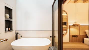 Villa de Luxo | Casa de banho | Um chuveiro fixo, um secador de cabelo, um bidé, toalhas fornecidas