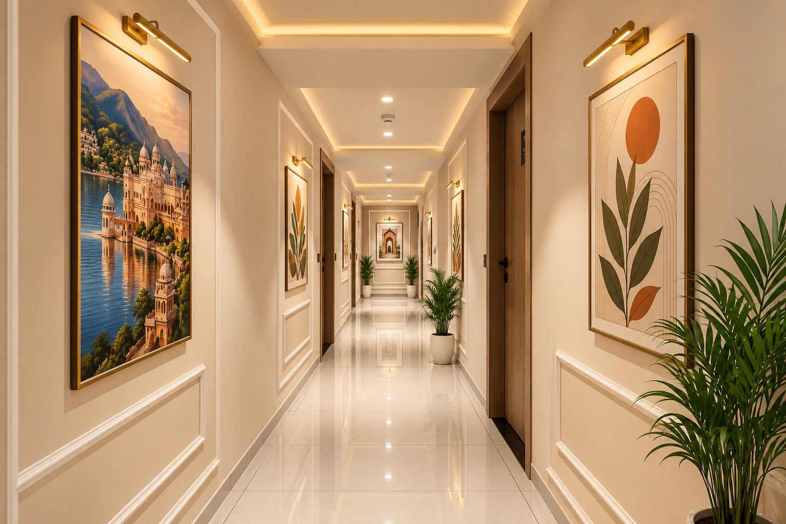 Corredor de hotel com quadros nas paredes, piso polido e plantas em vasos.