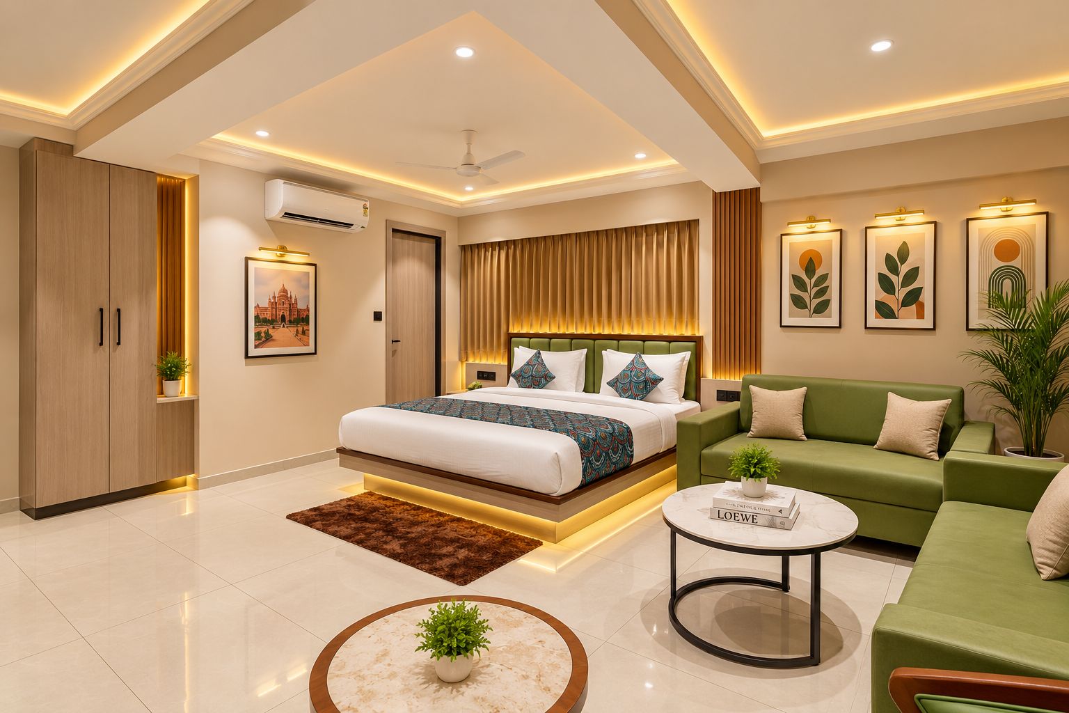 Quarto de hotel moderno com uma cama grande, um sofá verde, uma mesa de centro redonda e um ventilador de teto.