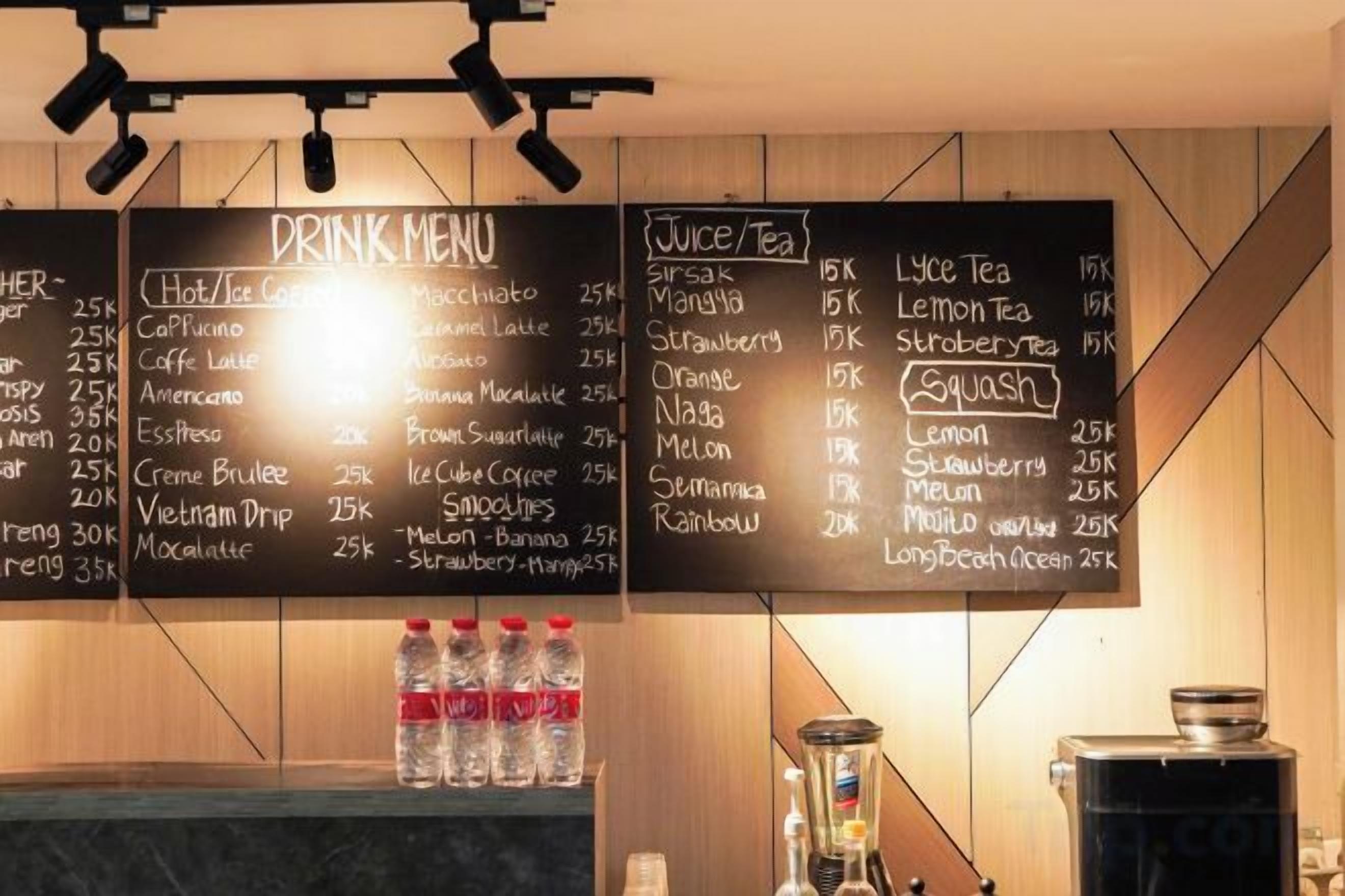 Um cardápio de bebidas com diversas opções e preços.