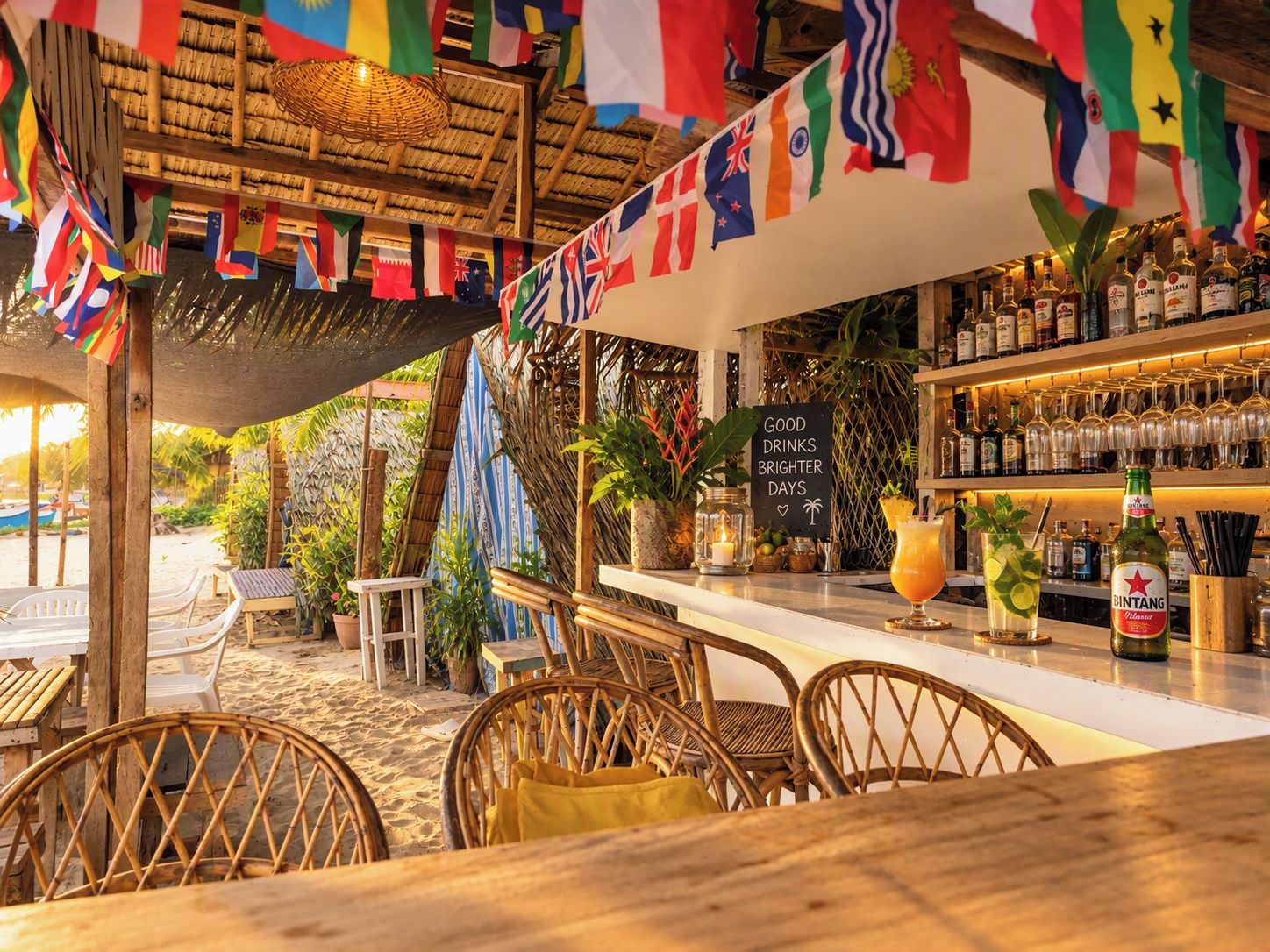 Uma área de bar ao ar livre com cadeiras de vime, um telhado de palha e diversos bandeiras.