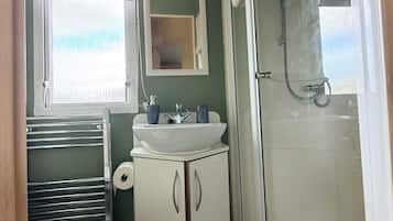 Casa de banho compacta com sanita, lavatório, chuveiro e espelho.