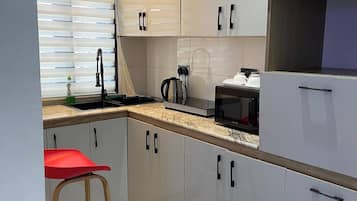 Apartamento Familiar, varanda, Vista para a cidade | Cozinha privada | Um frigorífico, um micro-ondas, um forno, uma placa de cozinha