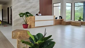 Uma área de recepção com uma mesa de madeira, uma planta em vaso e uma janela grande.