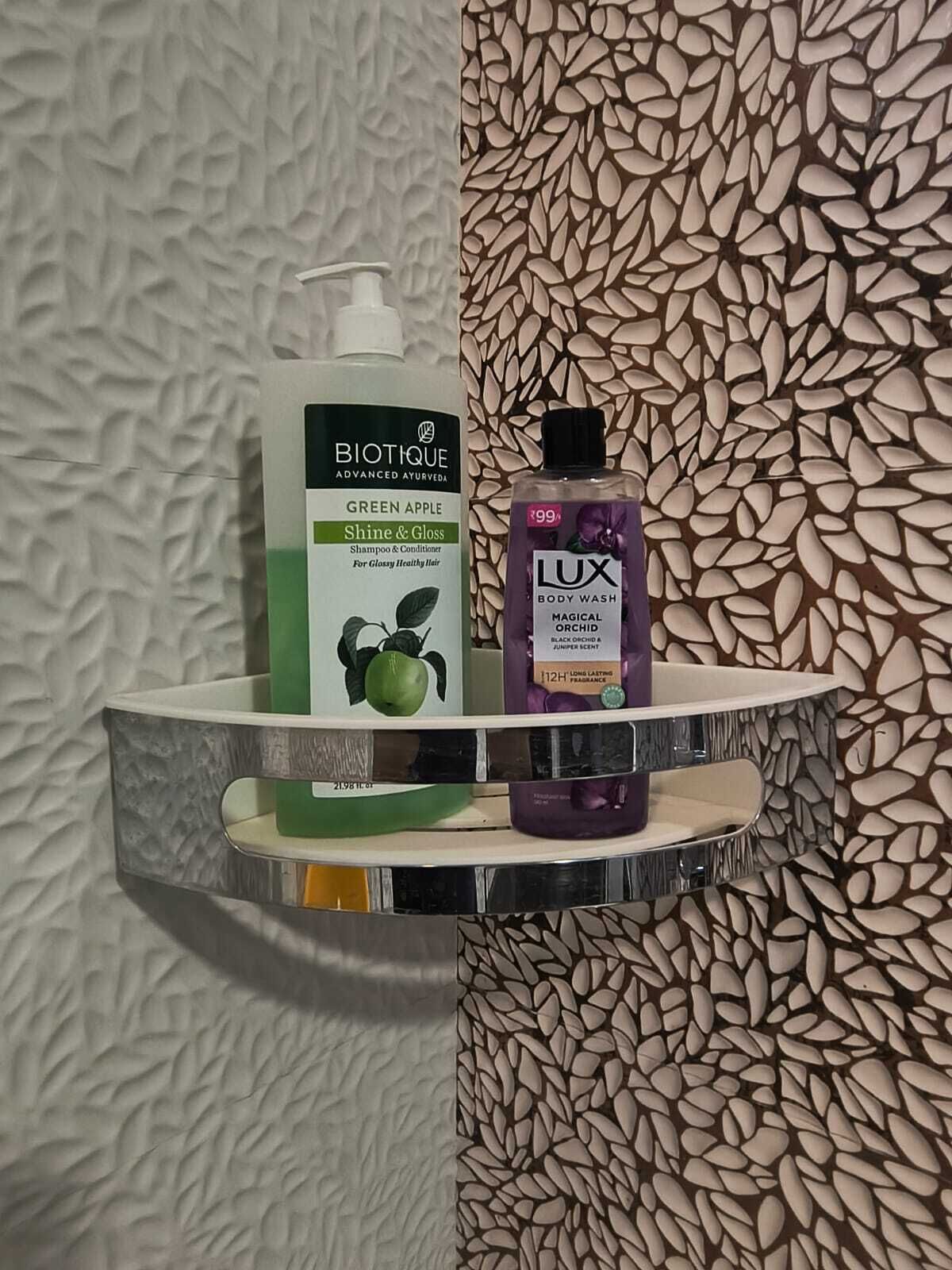 Prateleira de banheiro com shampoo Biotique e sabonete líquido Lux.