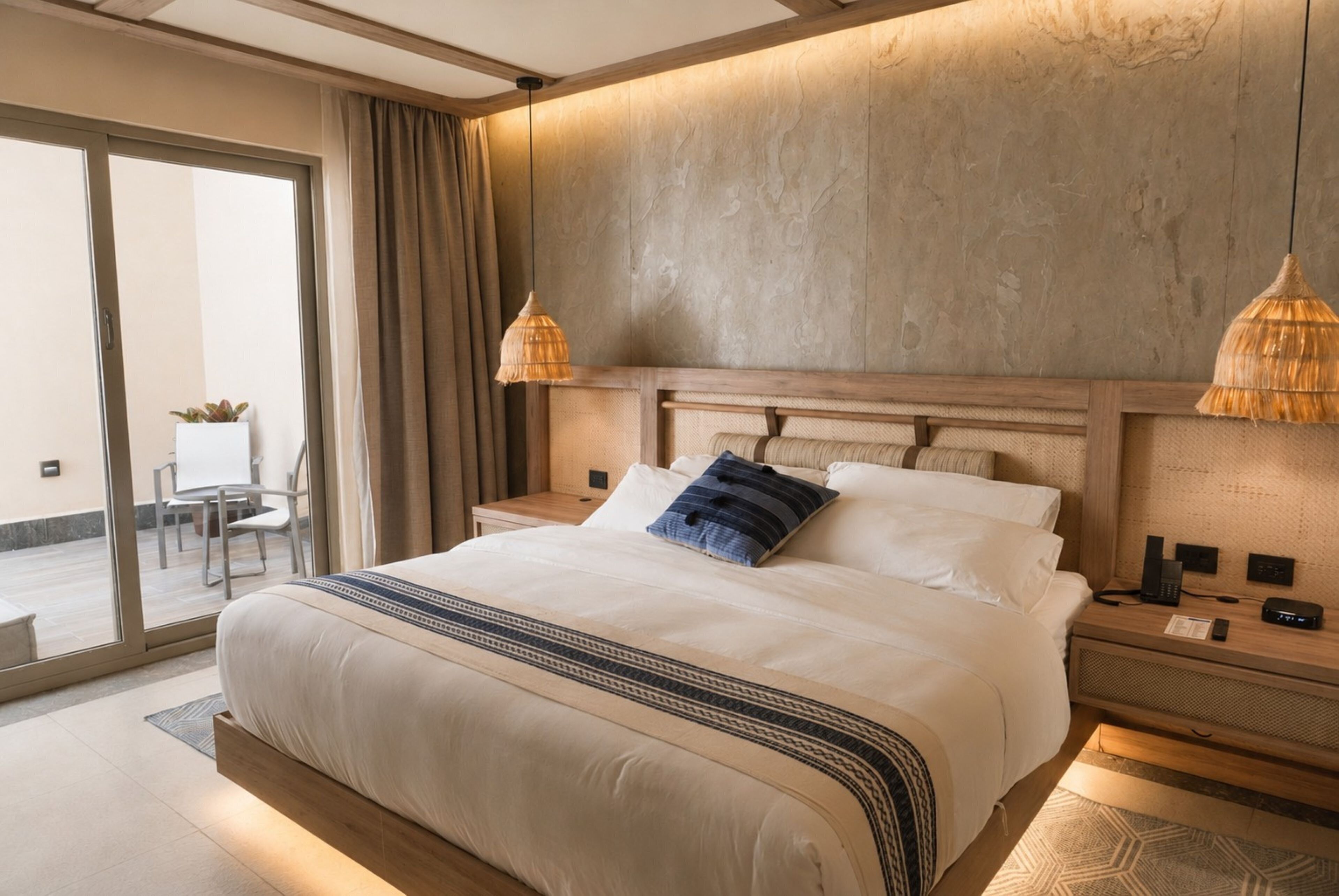 Quarto de hotel com uma cama grande, uma escrivaninha com telefone e vista para a área externa.