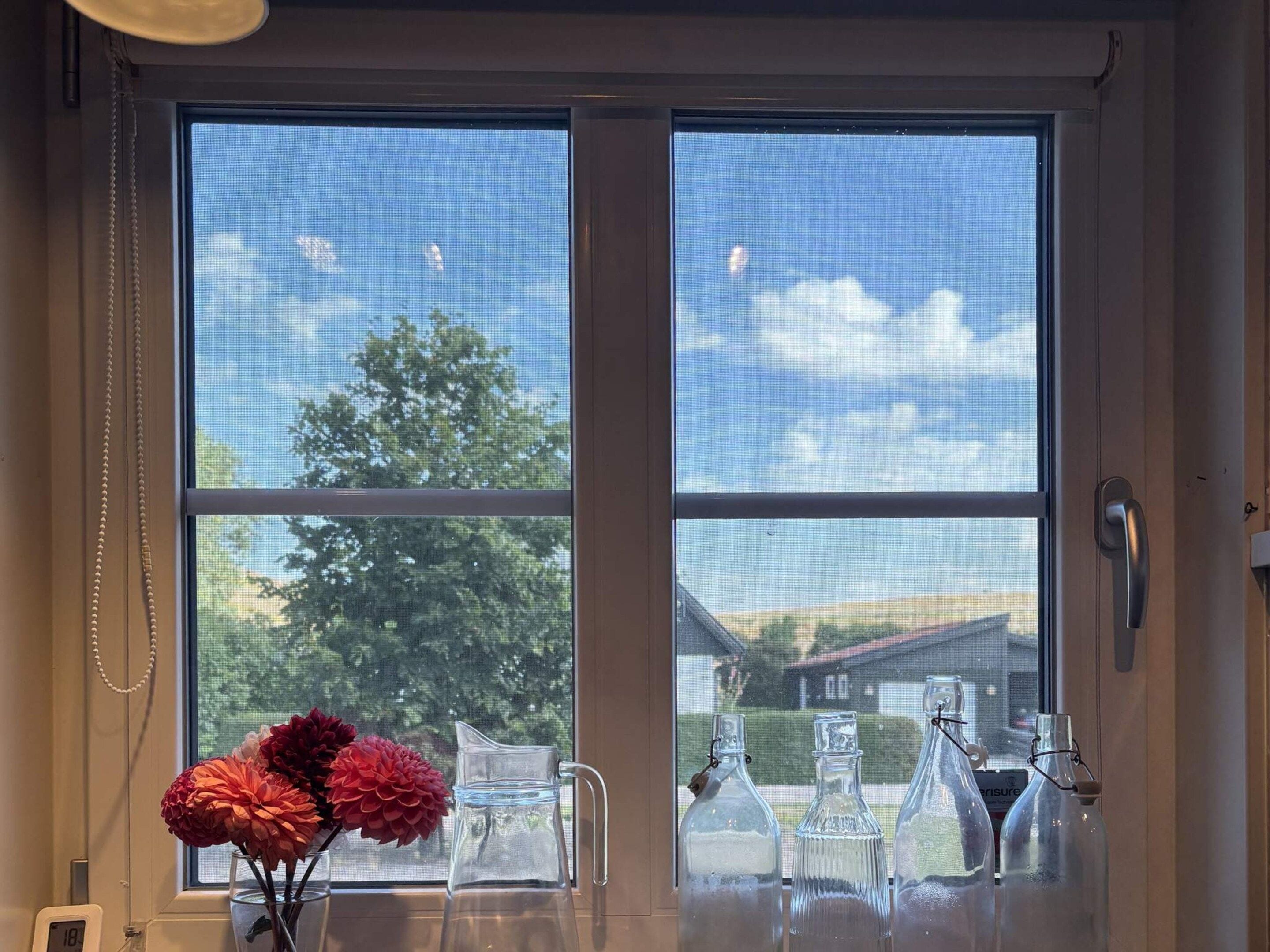 Janela com vista para uma casa e árvores, um vaso com flores e três garrafas de vidro transparente sobre uma mesa.