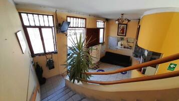 Escadaria que leva a uma sala de estar com sofá, televisão e uma planta.