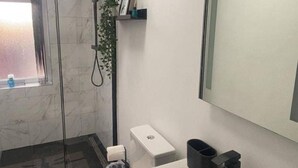 Uma casa de banho com cabine de chuveiro em vidro, sanita branca, lavatório preto e espelho.