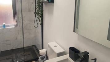 Chuveiro, secador de cabelo, toalhas de banho
