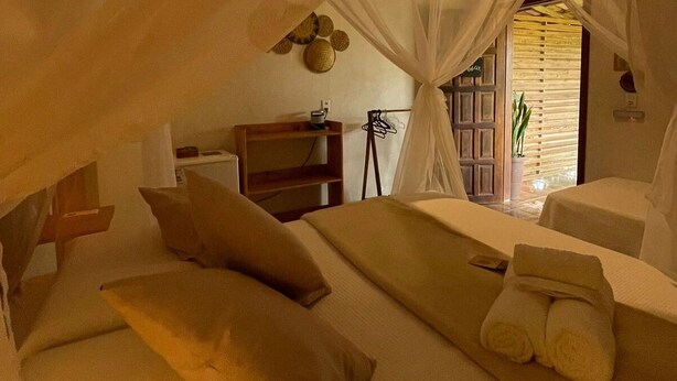 Um quarto aconchegante com cama, almofadas, mesa de cabeceira e uma planta pendurada.
