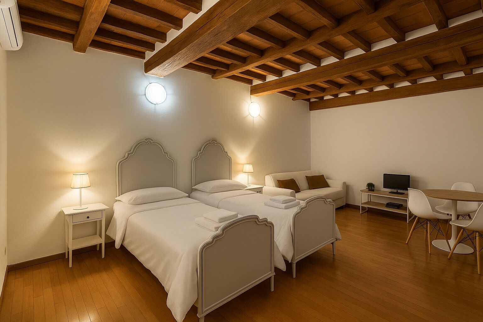 Quarto de hotel com duas camas, uma escrivaninha, uma cadeira e uma televisão.