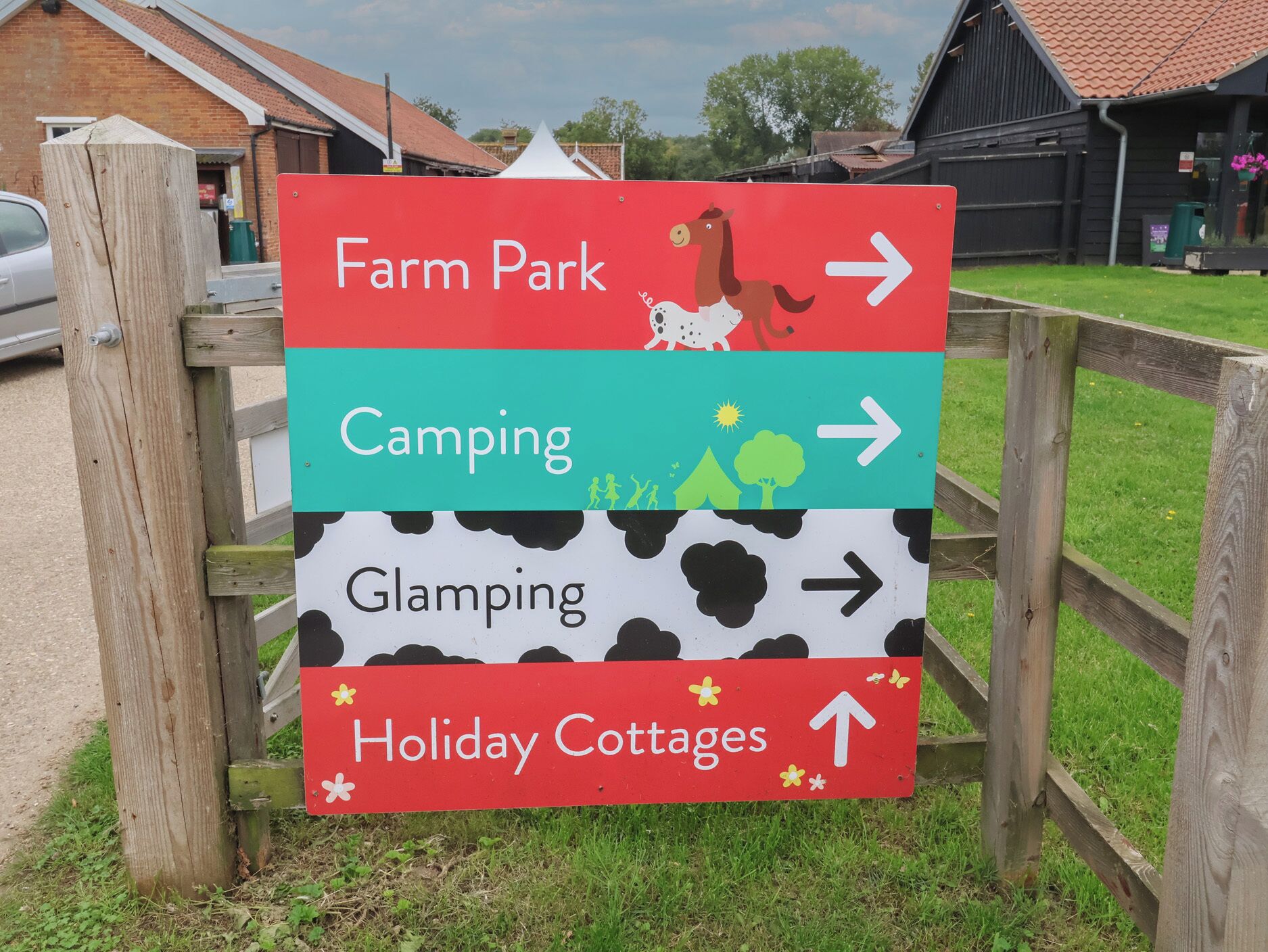 Placa de direção com setas indicando Parque da Fazenda, Camping, Glamping e Casas de Férias.