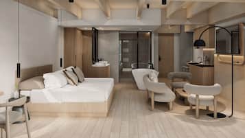 Suíte superluxo, 1 cama King, sacada, vista para a cidade | Cofres nos quartos, escrivaninha, espaço de trabalho para notebook