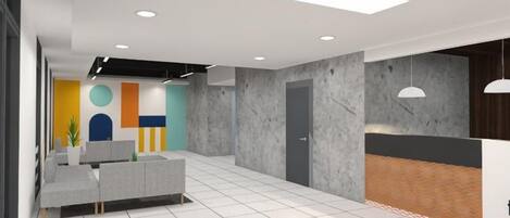 Uma área de recepção moderna com balcão, espaço para sentar e piso revestido com azulejos.