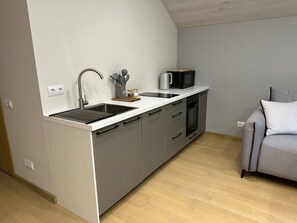 Apartamento Comfort, vista para o jardim | Kitchenette privada | Um frigorífico, um micro-ondas, um forno, uma placa de cozinha
