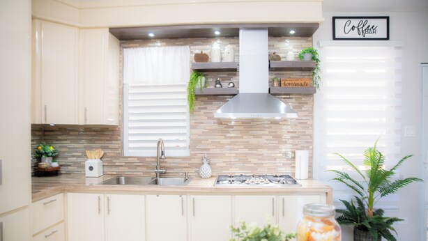 Cozinha moderna com ilha central, eletrodomésticos de aço inoxidável e plantas decorativas.