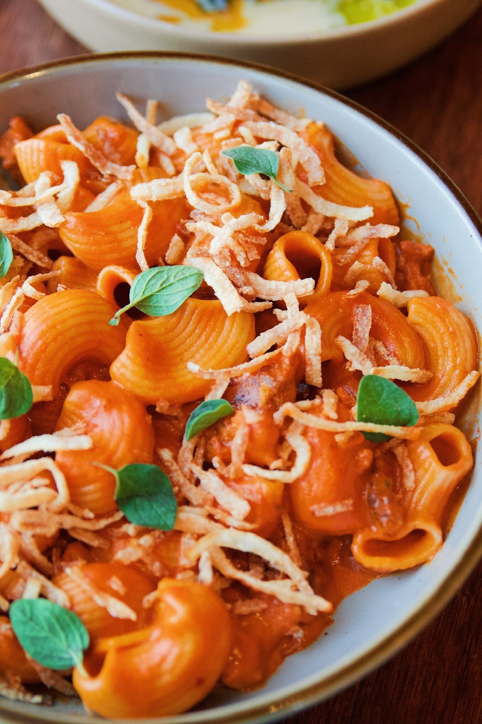 Uma tigela de massa com molho de tomate, decorada com queijo e folhas de manjericão.