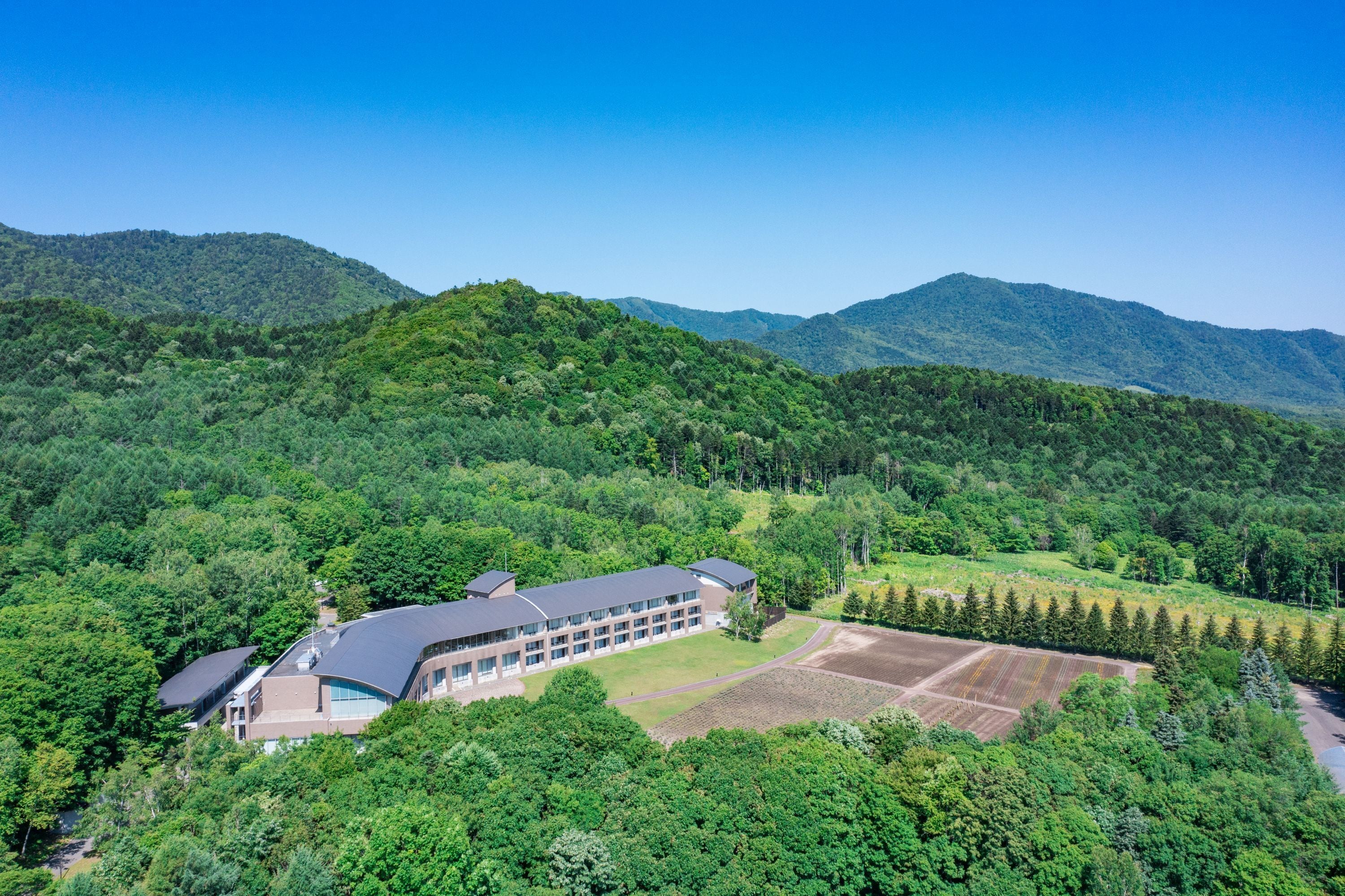 Um edifício moderno com telhado plano, rodeado por uma floresta densa e montanhas.