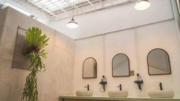 Casa de banho com clarabóia, três espelhos e uma planta.
