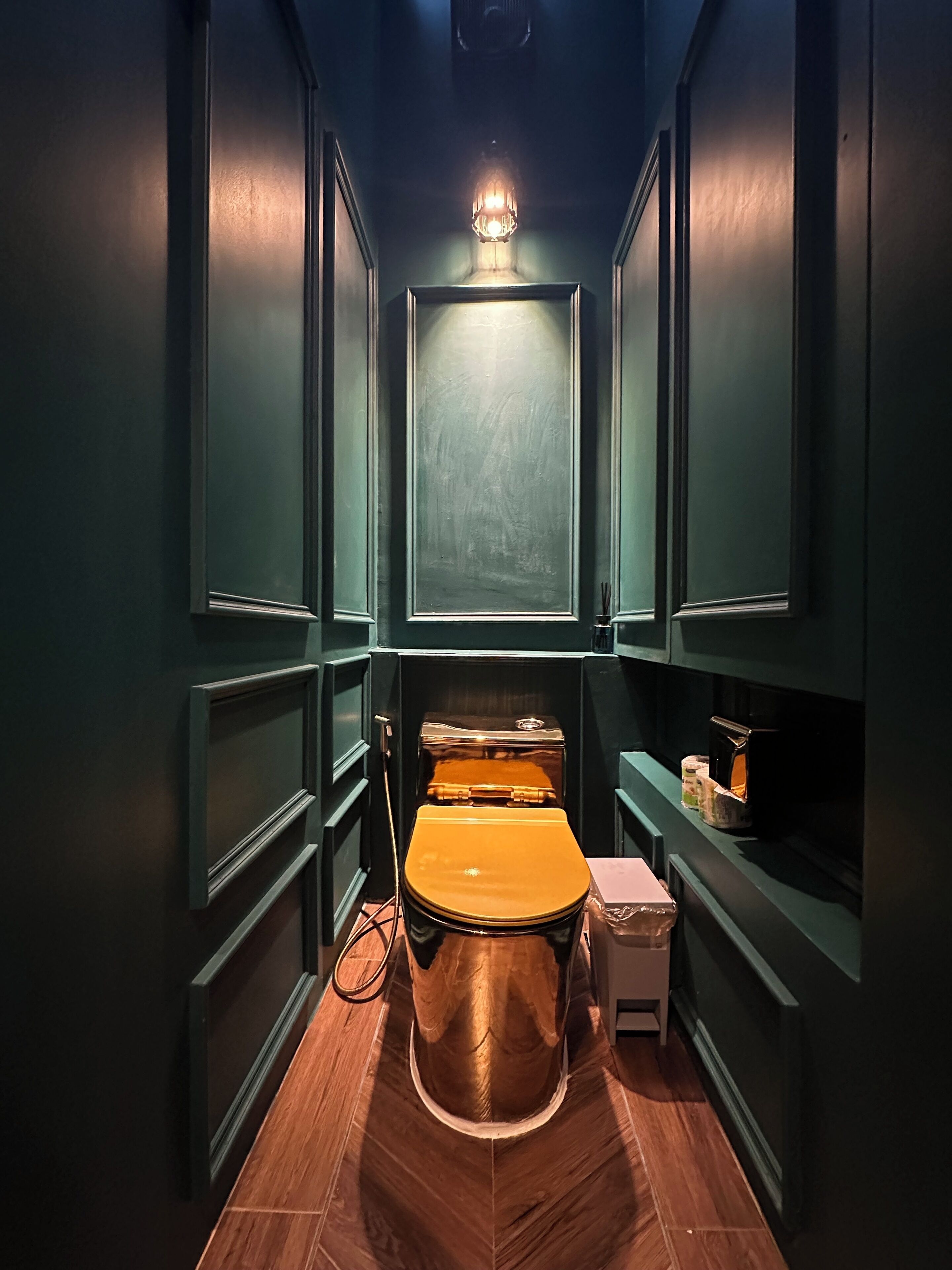 Um quarto estreito e pouco iluminado, com piso de madeira, um único vaso sanitário e uma pequena prateleira com objetos.