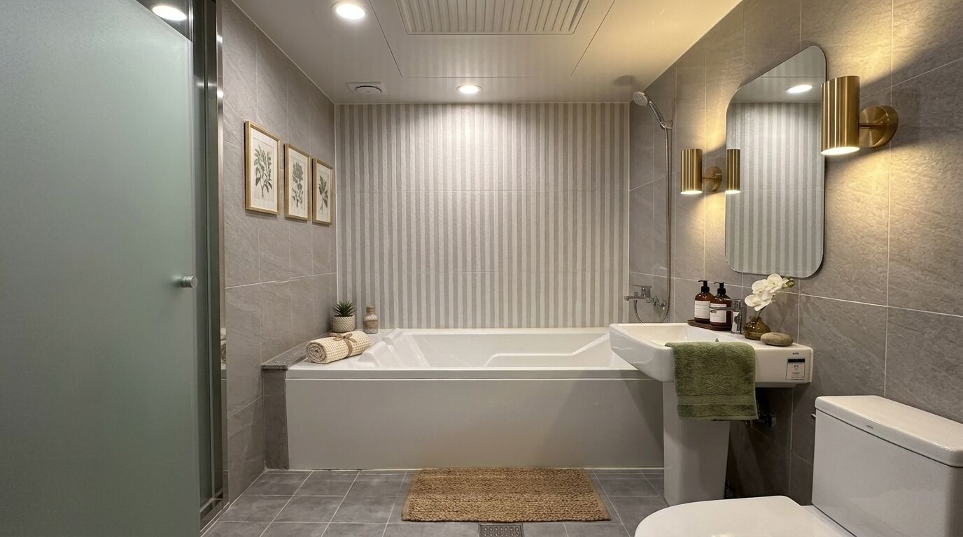 Uma casa de banho moderna com banheira, pia, sanita e um espelho grande.