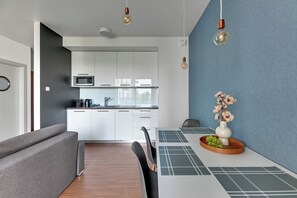 Apartamento Deluxe, varanda, vista para o rio | Kitchenette privada | Minifrigorífico, uma placa de cozinha, uma máquina de lavar louça 