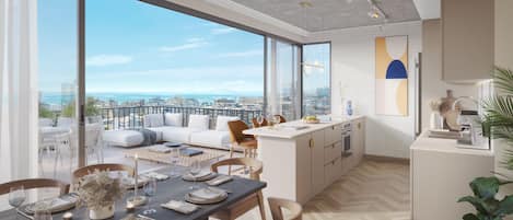 Apartamento Deluxe | Cozinha privada | Um frigorífico, um micro-ondas, um forno, uma placa de cozinha