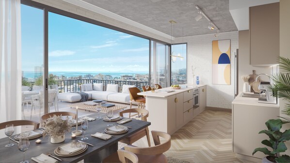 Apartamento Deluxe | Cozinha privada | Um frigorífico, um micro-ondas, um forno, uma placa de cozinha 