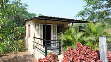Um pequeno edifício térreo com varanda, rodeado por vegetação exuberante.