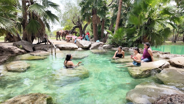 Uma piscina natural rodeada por pedras e palmeiras, com pessoas relaxando e conversando.