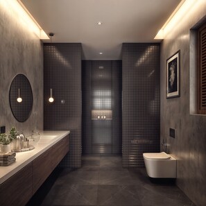 Banheira e chuveiro separados, secador de cabelo, toalhas de banho 